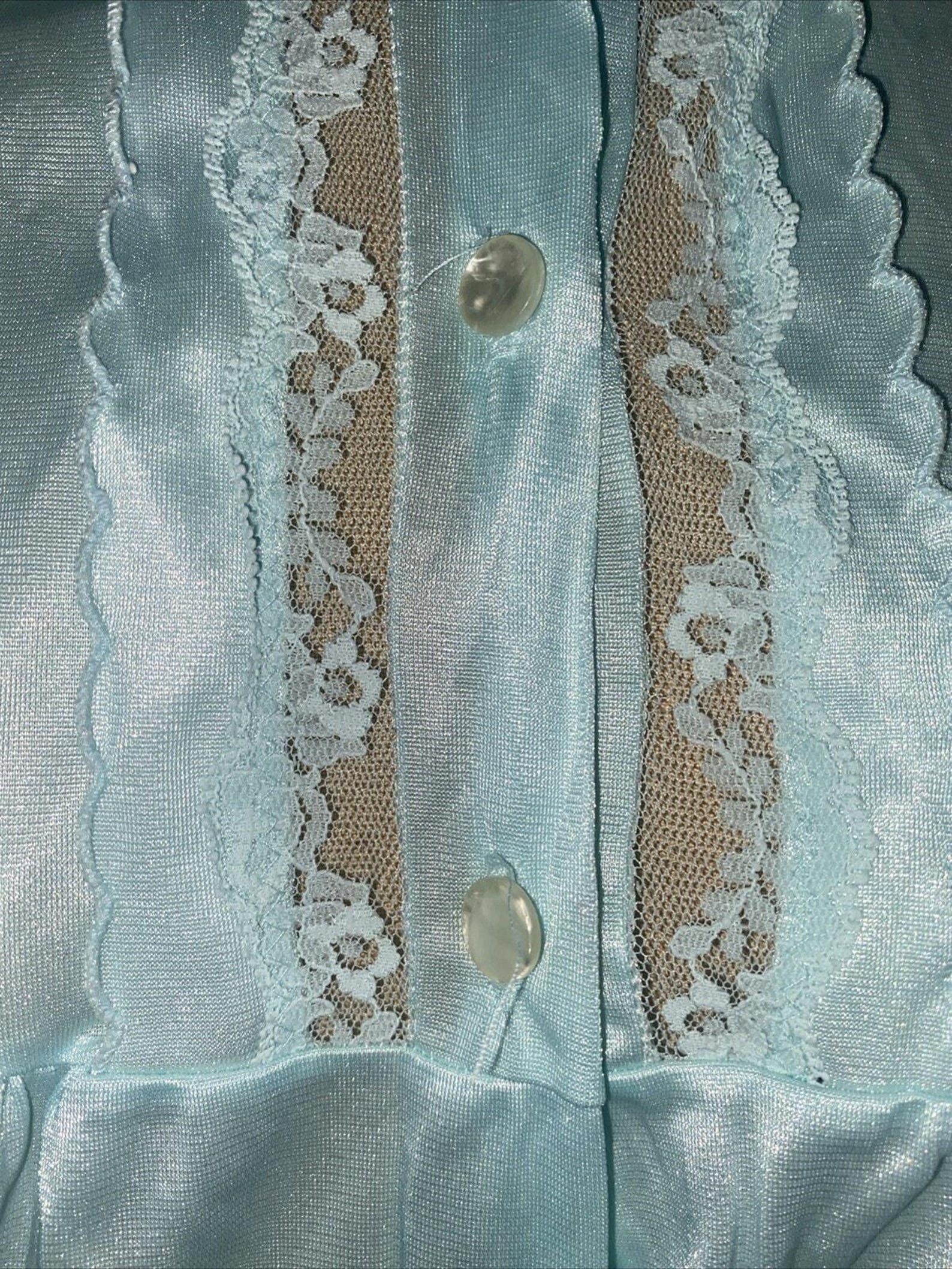 60s Vintage BLUE Nylon Lace Lingerie Robe Gown Button Front 3/4 Sleeve ...