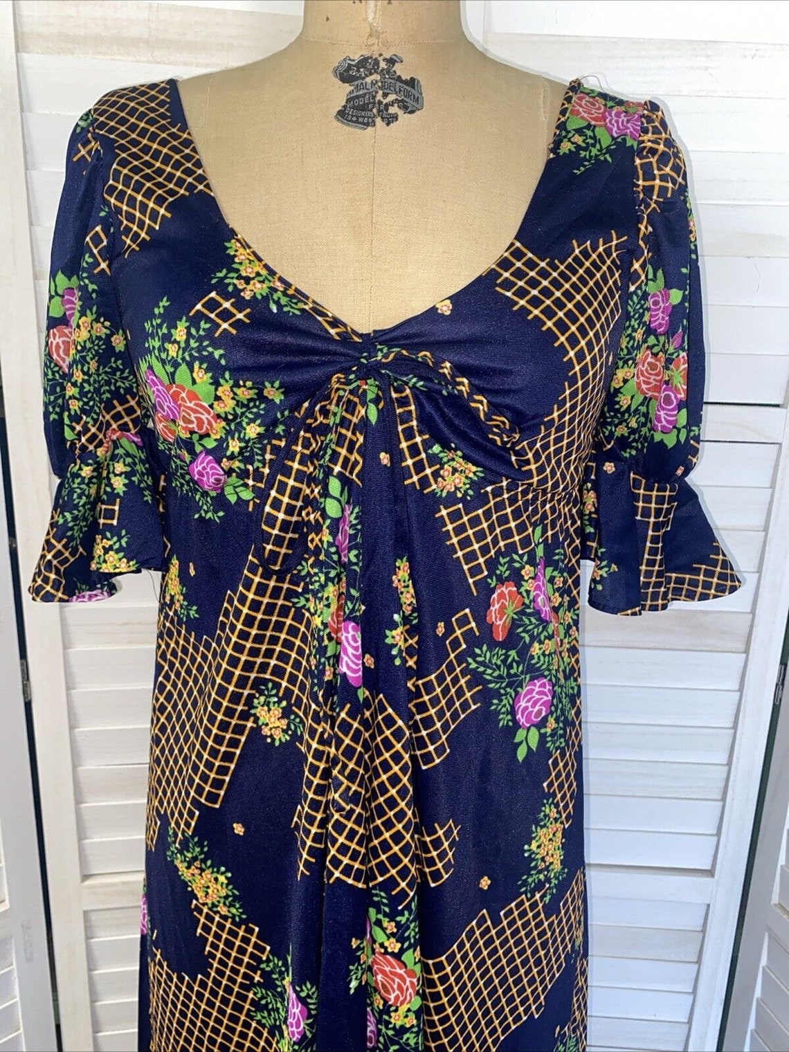 VTG Glydons 60s 70s Maxi Full Length Poly Knit Navy Floral Print Dress ...