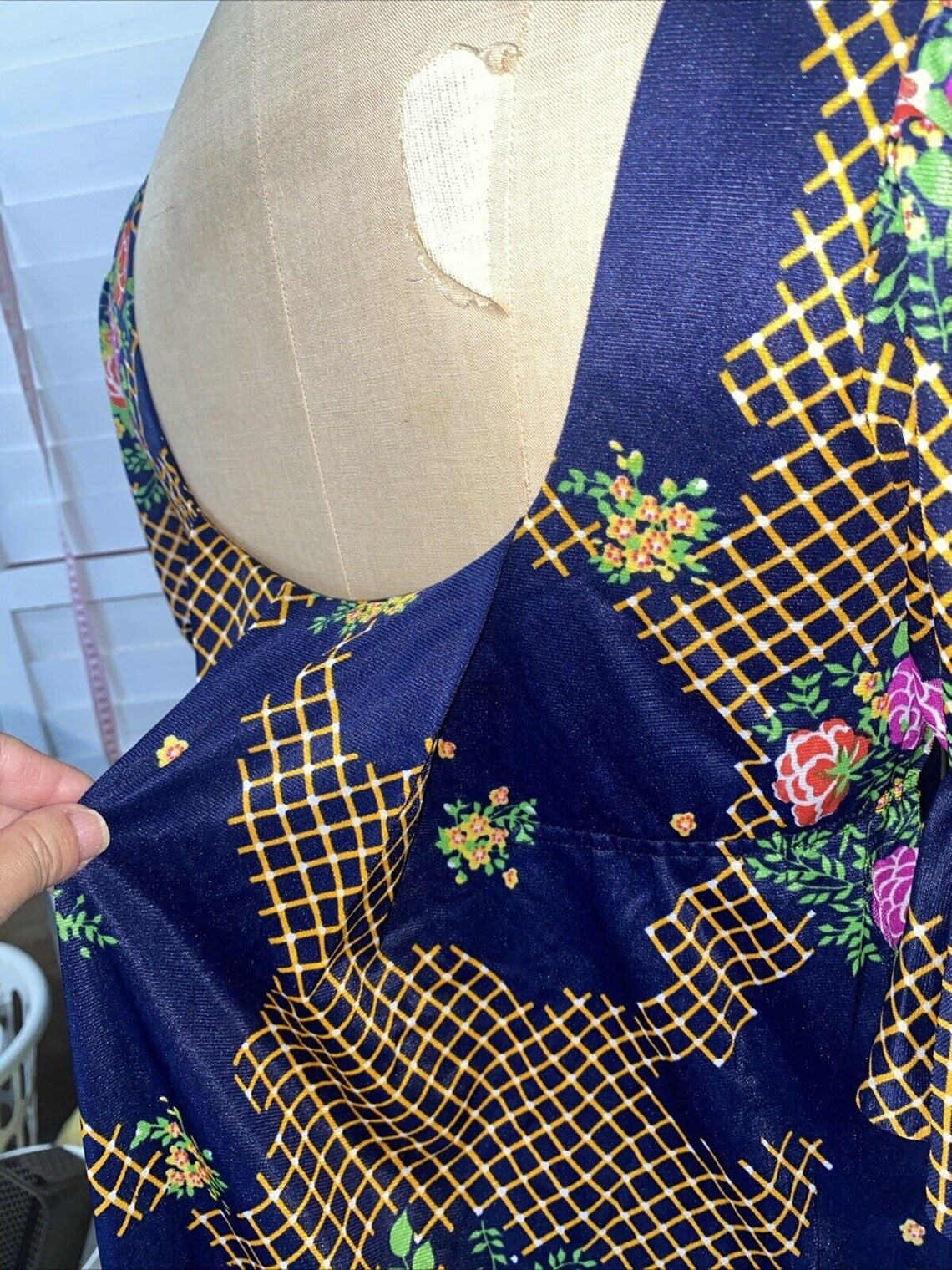 VTG Glydons 60s 70s Maxi Full Length Poly Knit Navy Floral Print Dress ...