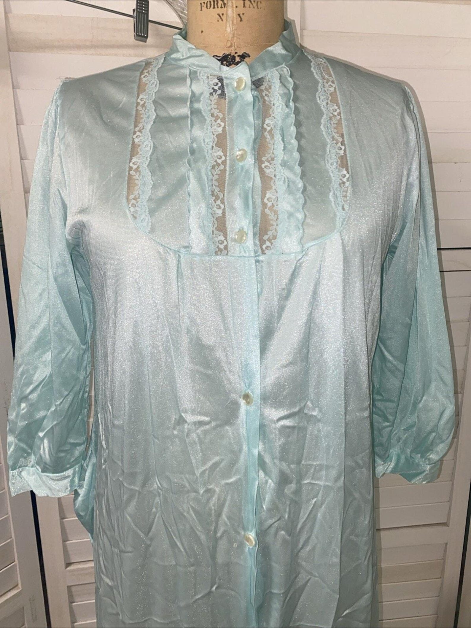 60s Vintage BLUE Nylon Lace Lingerie Robe Gown Button Front 3/4 Sleeve ...
