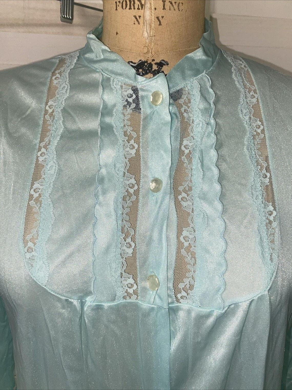 60s Vintage BLUE Nylon Lace Lingerie Robe Gown Button Front 3/4 Sleeve ...