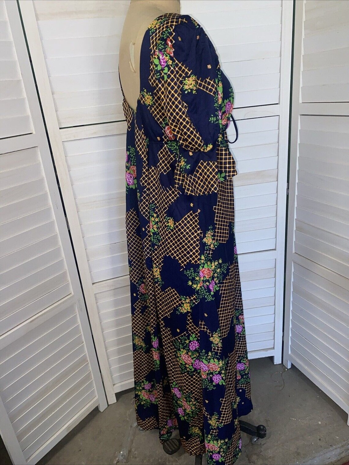 VTG Glydons 60s 70s Maxi Full Length Poly Knit Navy Floral Print Dress ...