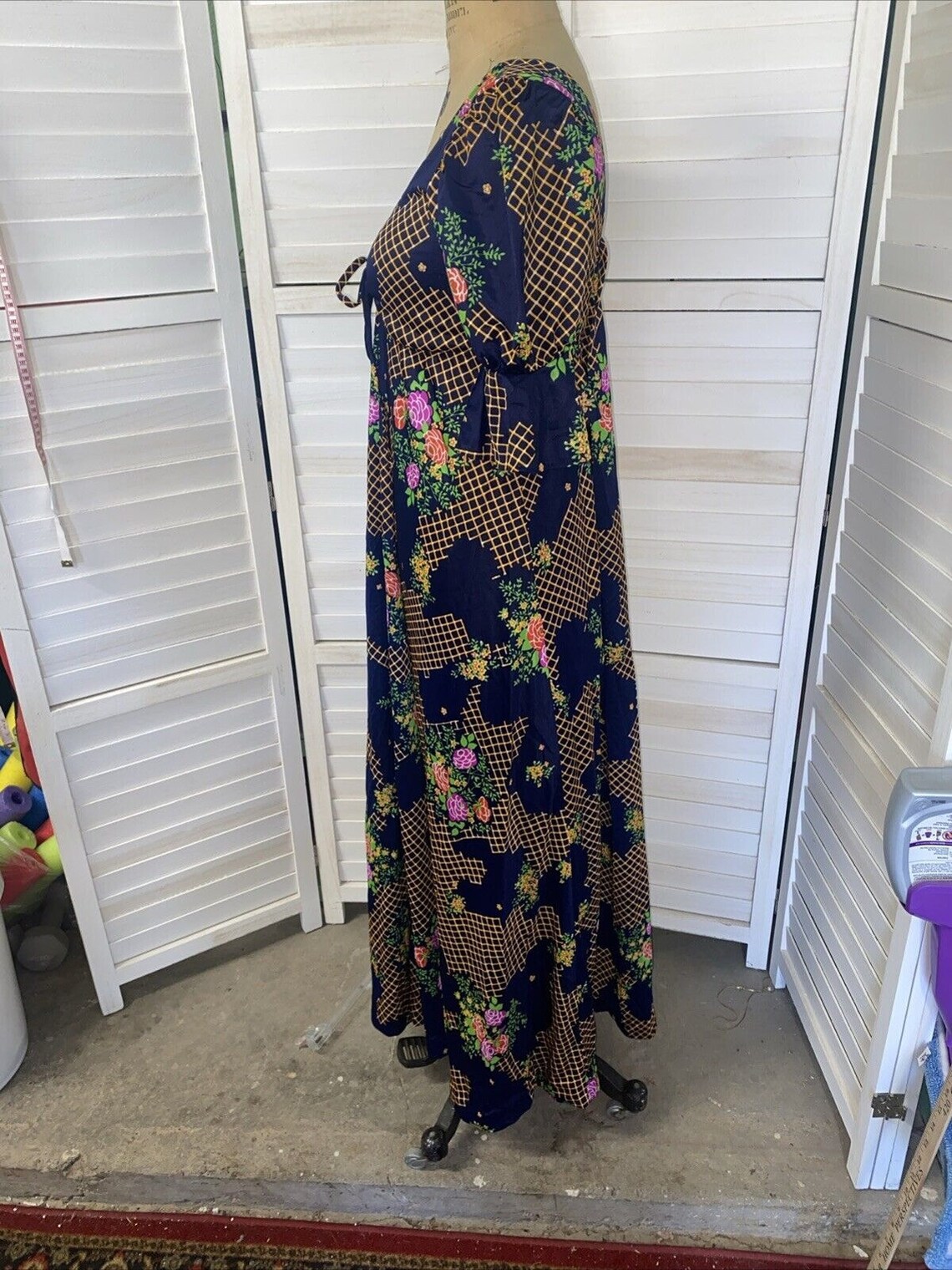 VTG Glydons 60s 70s Maxi Full Length Poly Knit Navy Floral Print Dress ...