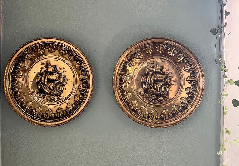 Vintage Nautical Ship Embossed Brass Plate Wall Decor Set of 2 - Etsy