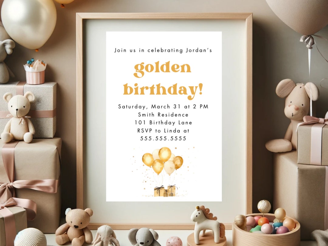 Editable Golden Birthday Invitation Template - Gold Gifts & Balloons ...
