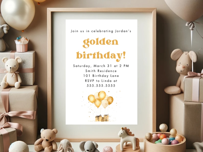 Editable Golden Birthday Invitation Template - Gold Gifts & Balloons ...