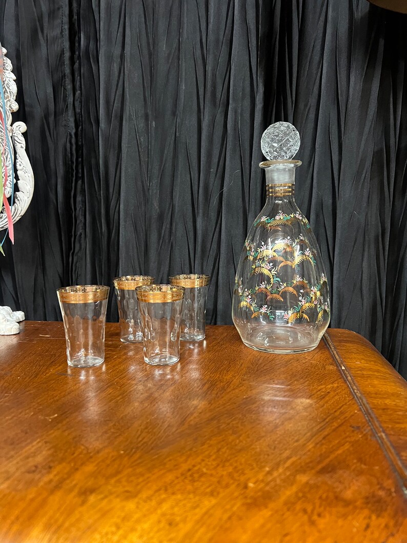 MCM Gold Feather and Flower Decanter With Glasses - Etsy