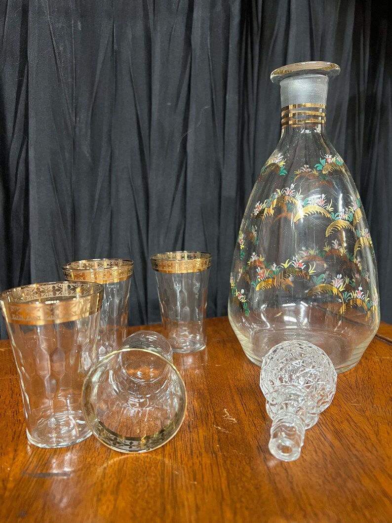 MCM Gold Feather and Flower Decanter With Glasses - Etsy