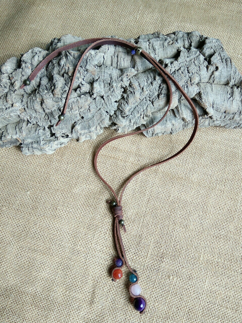 Hippie Stone Leather Necklace, Gem Long Leather Necklace, Boho Jewelry ...
