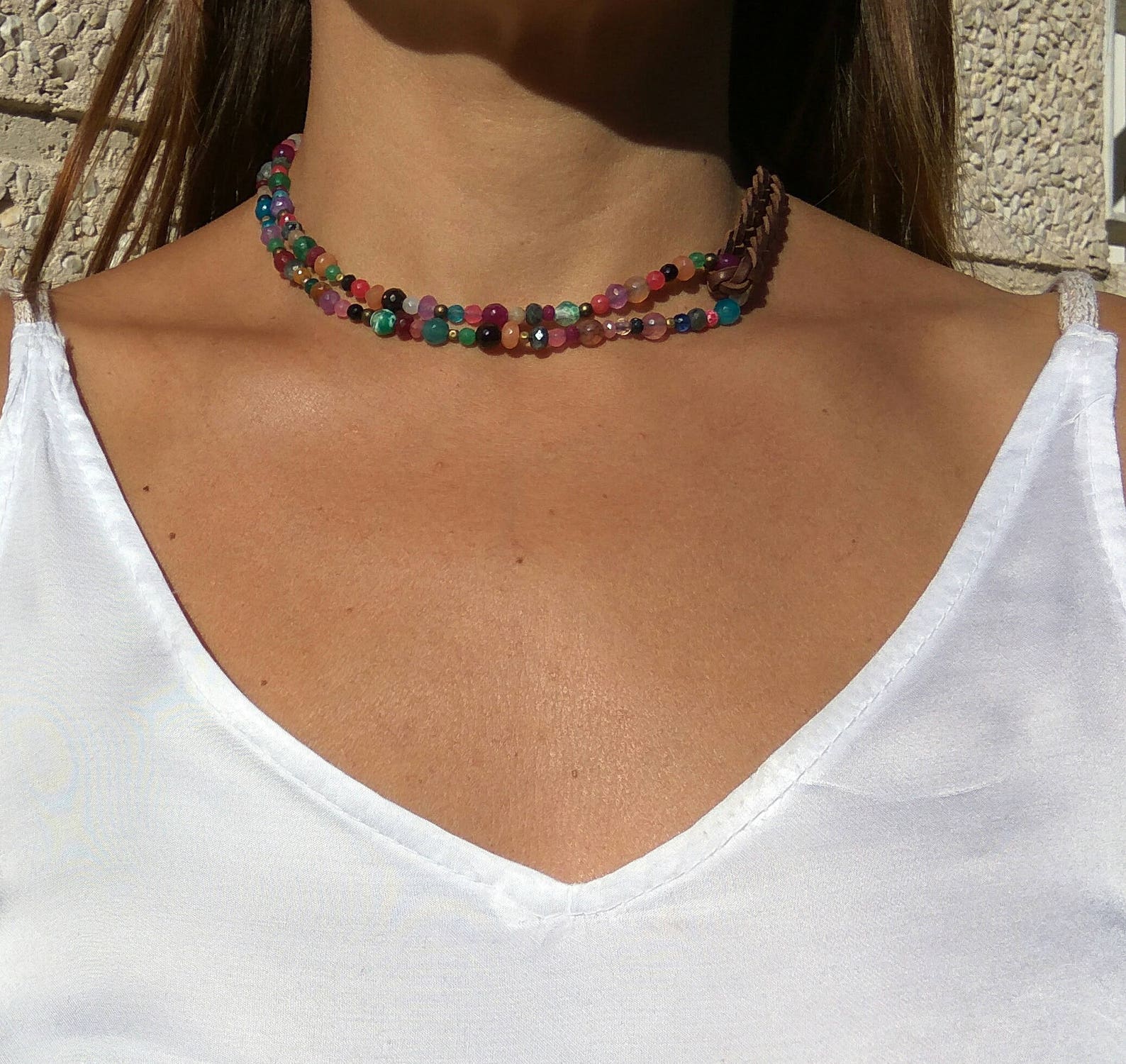 Gemstone Choker, Leather Gem Necklace, Healing Jewelry, Gemstone ...