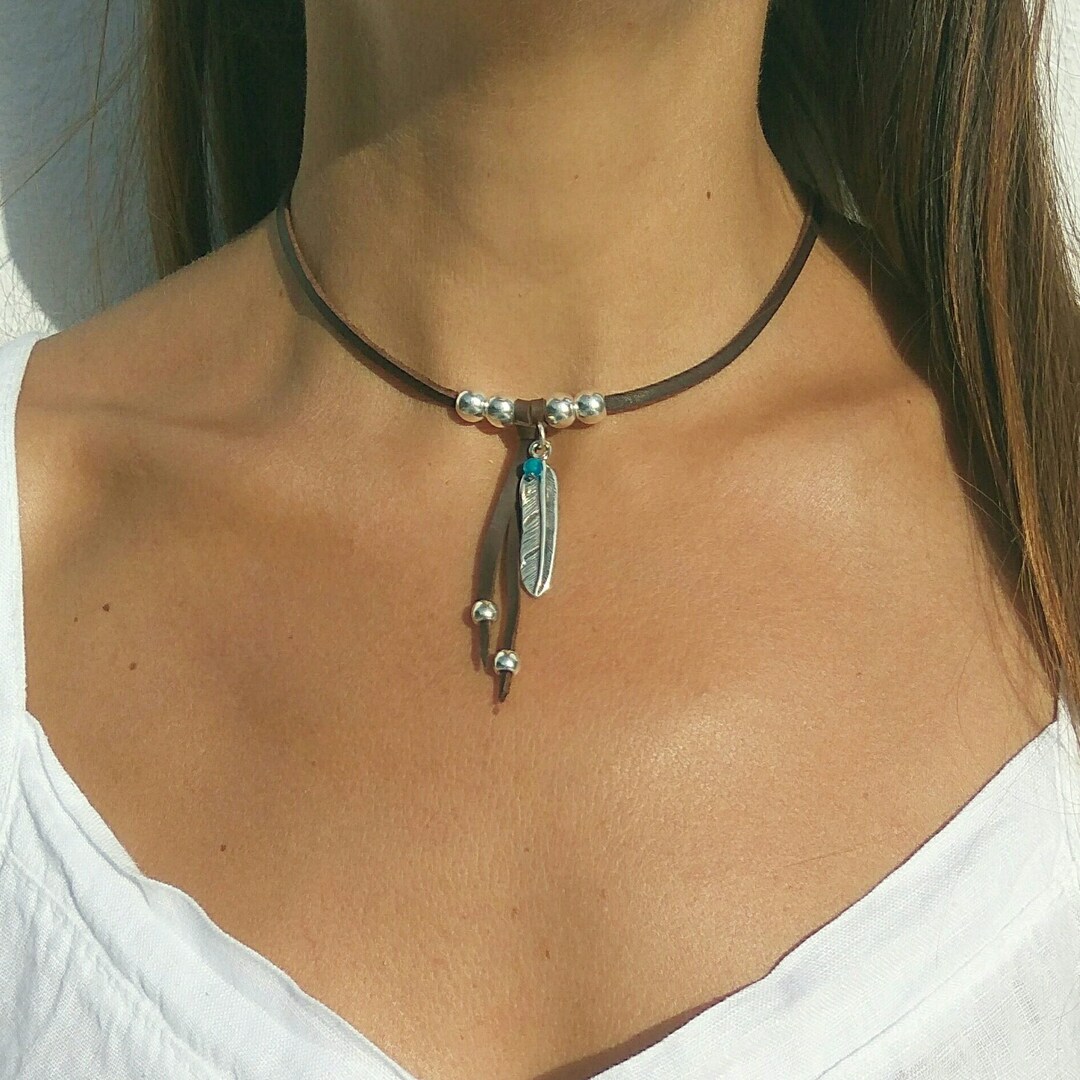 Feather Choker Necklace, Feather Silver Pendant, Leather Choker, Boho ...