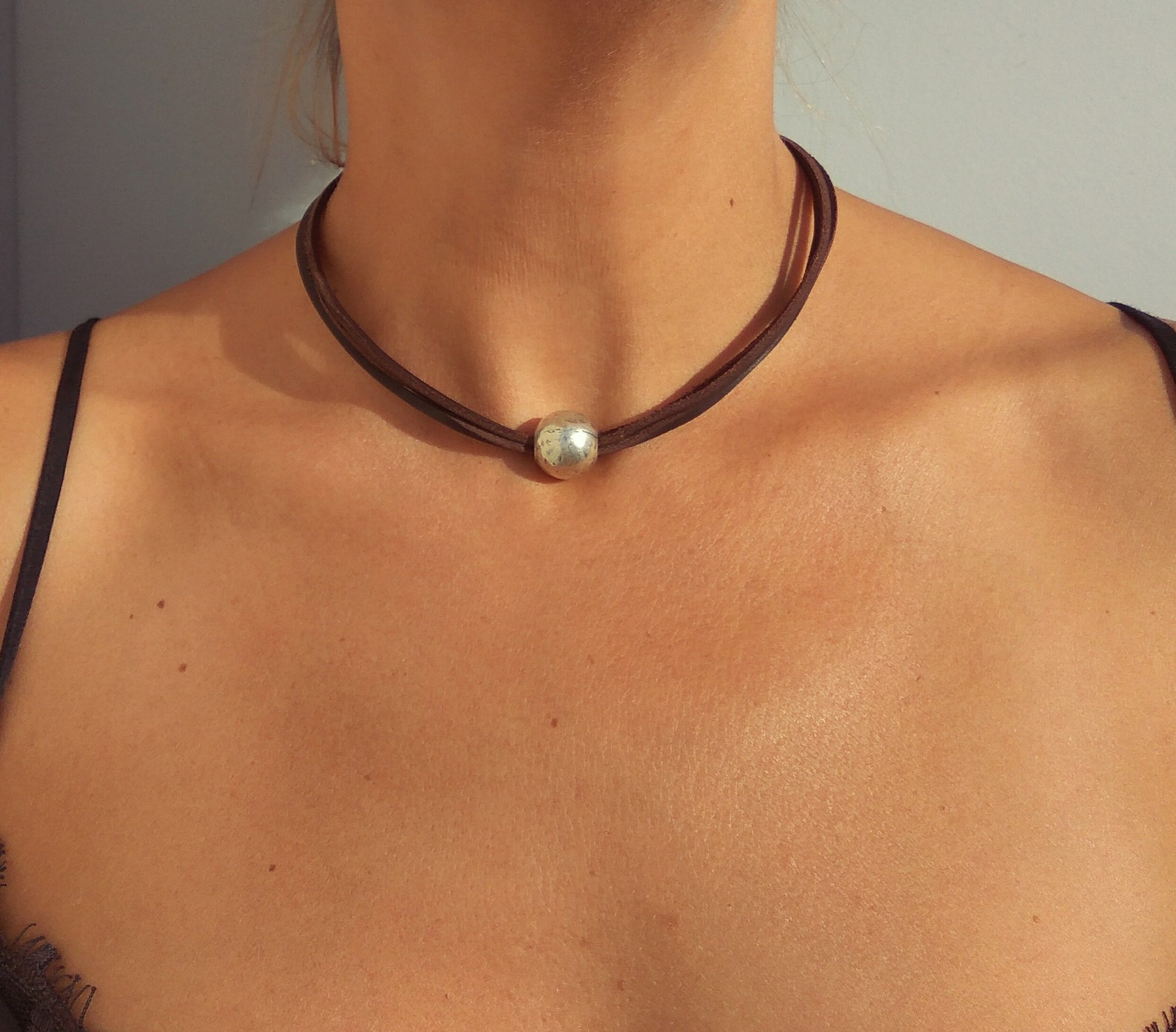 Silver Ball Choker Leather Necklace for Women Hippie | Etsy