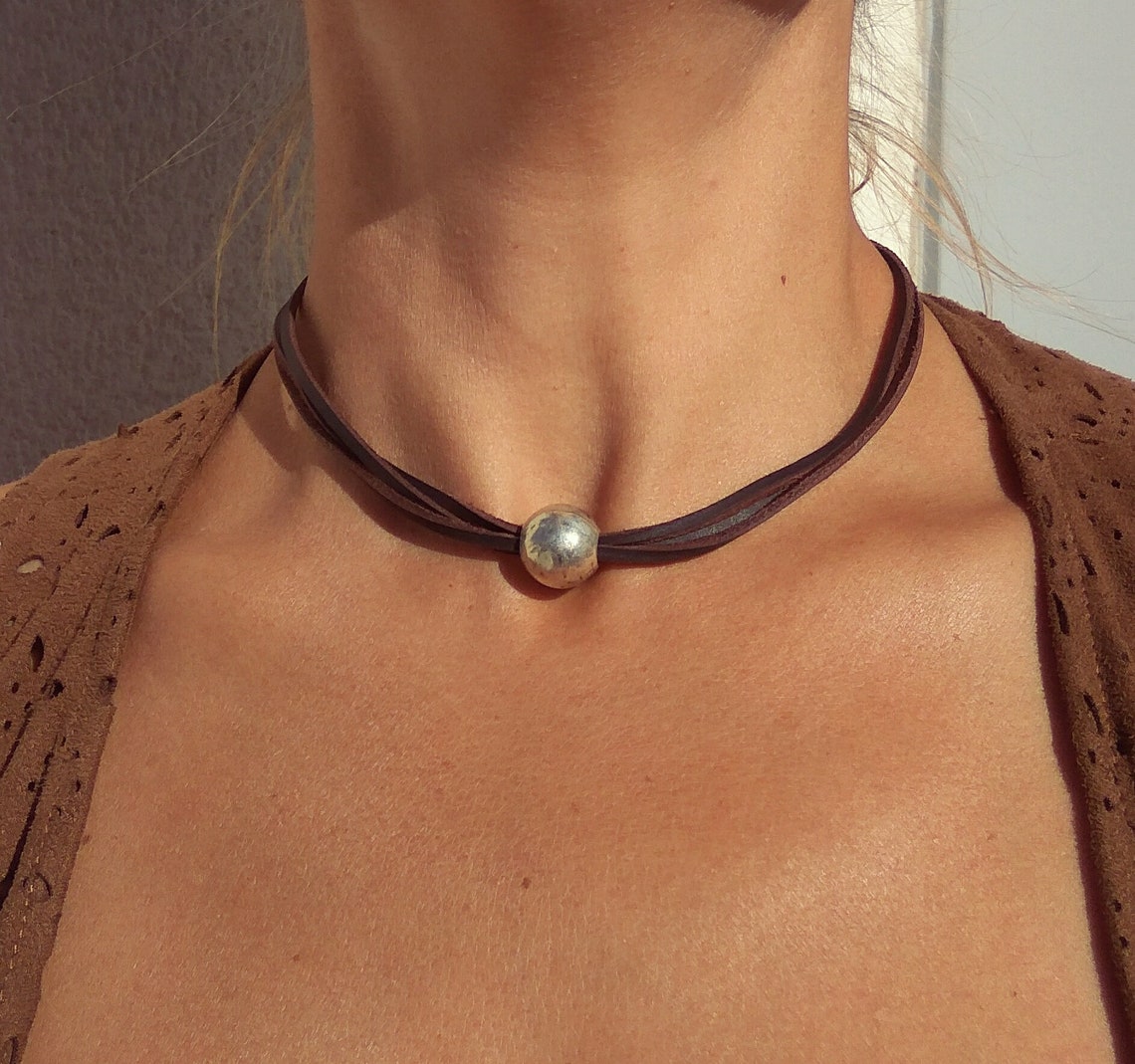 Silver Ball Choker Leather Necklace for Women Hippie | Etsy