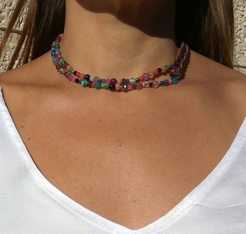 Gemstone Choker, Leather Gem Necklace, Healing Jewelry, Gemstone ...