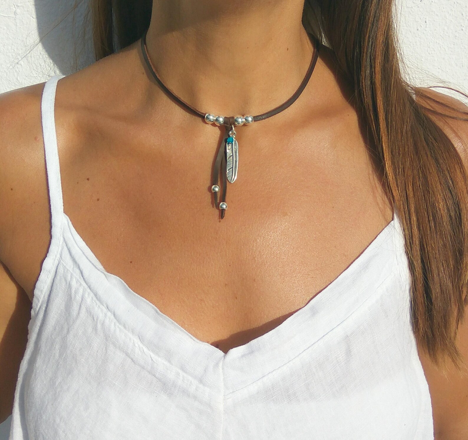 Feather Choker Necklace, Feather Silver Pendant, Leather Choker, Boho ...