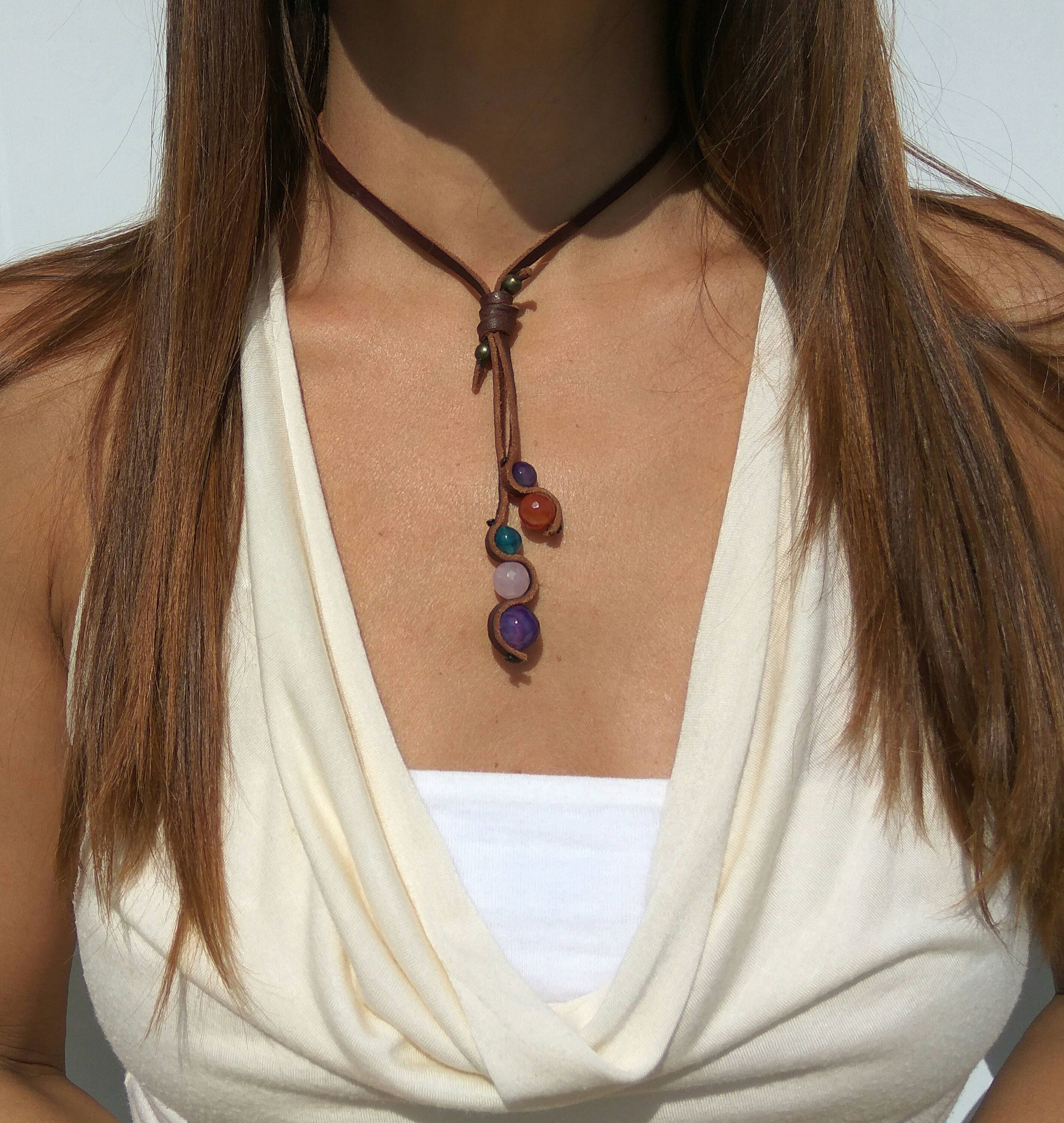 Hippie Stone Leather Necklace, Gem Long Leather Necklace, Boho Jewelry ...