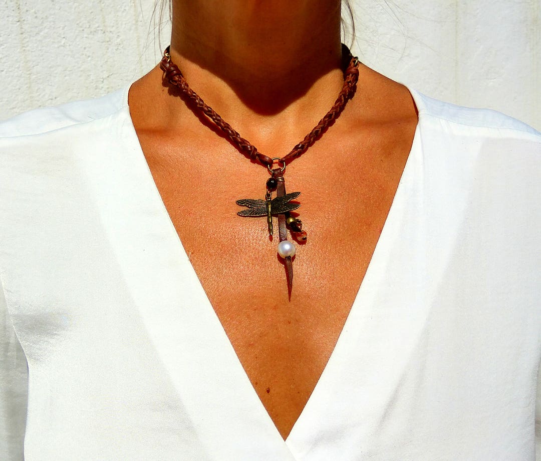 Collar Libélula, Collar de cuero, Collar de cuero trenzado, Collar de ...