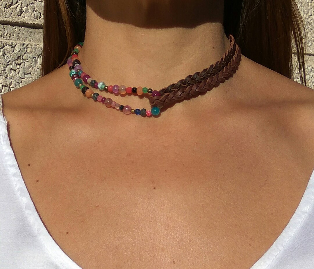 Gemstone Choker, Leather Gem Necklace, Healing Jewelry, Gemstone ...