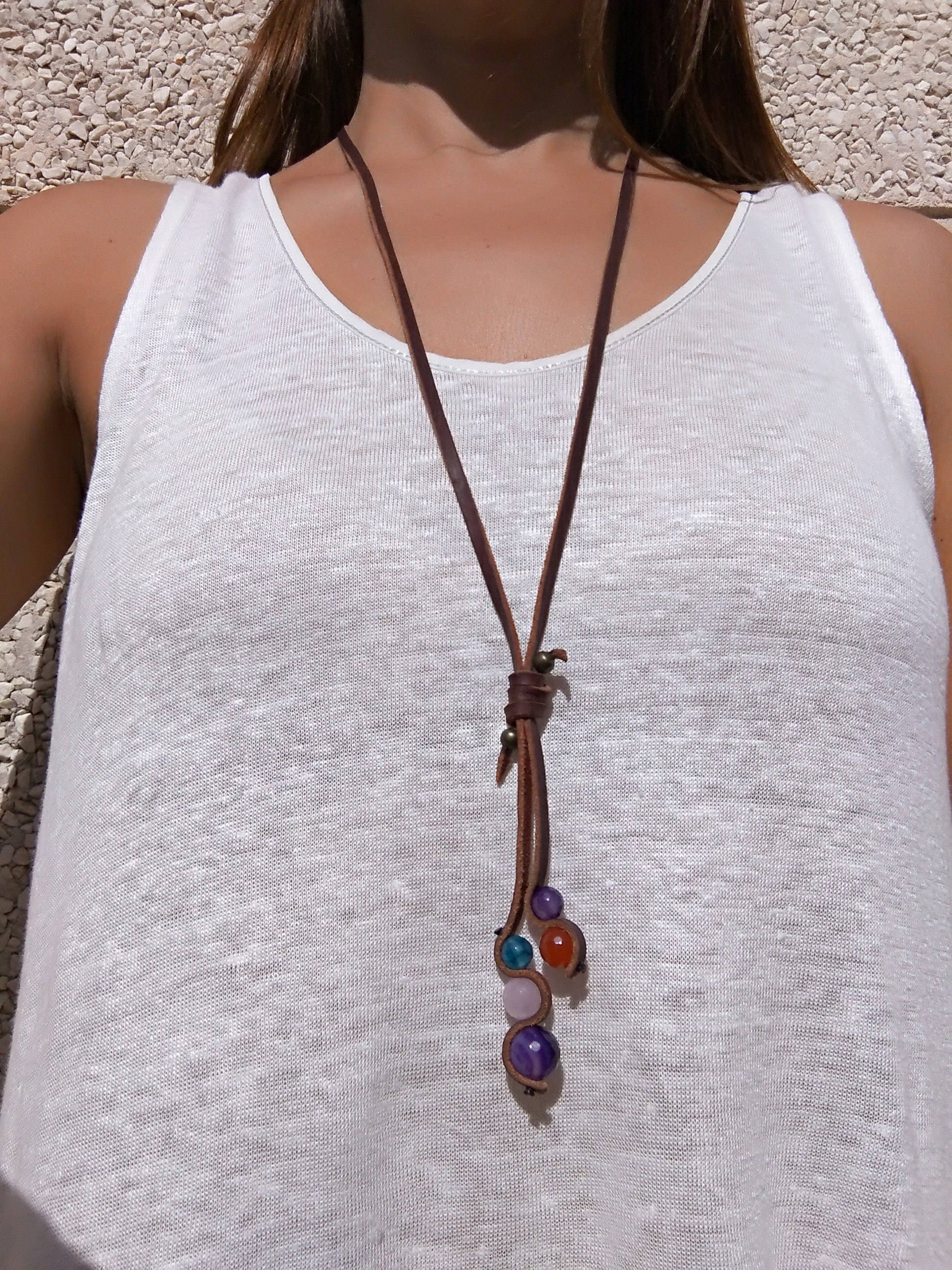Hippie Stone Leather Necklace, Gem Long Leather Necklace, Boho Jewelry ...