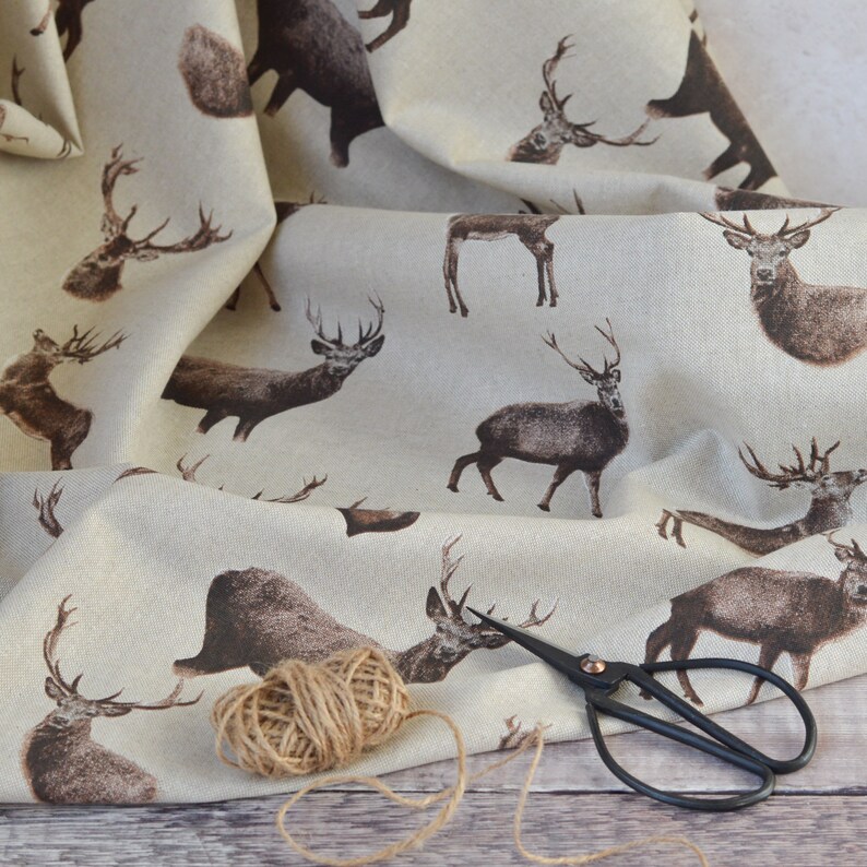 Stag Deer Natural Linen Look Cotton Fabric Countryside Animals - Etsy