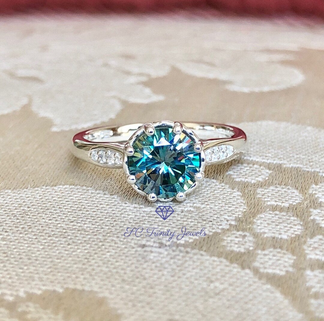 1.34 Ct. Blue Green Moissanite Ring, 8 Prong Setting, Crown Setting ...