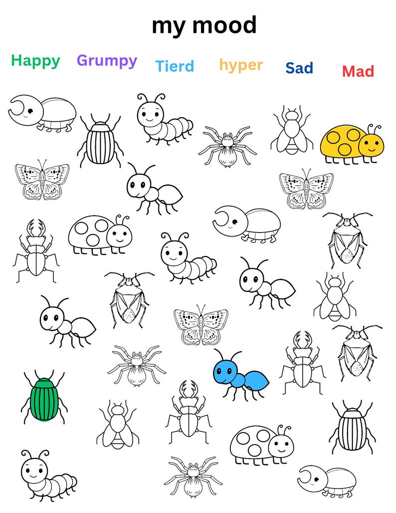 Bug & Spider Mood Charts, Printable Feelings Check-in for Kids, Autism ...