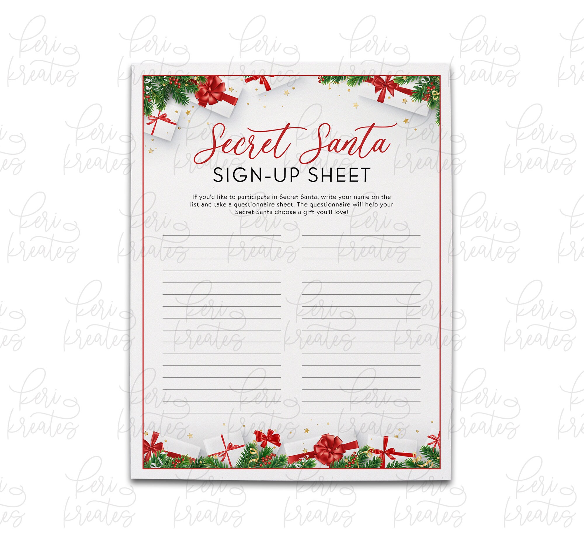 Printable Secret Santa Questionnaire and Signup Sheet Set - Instant ...