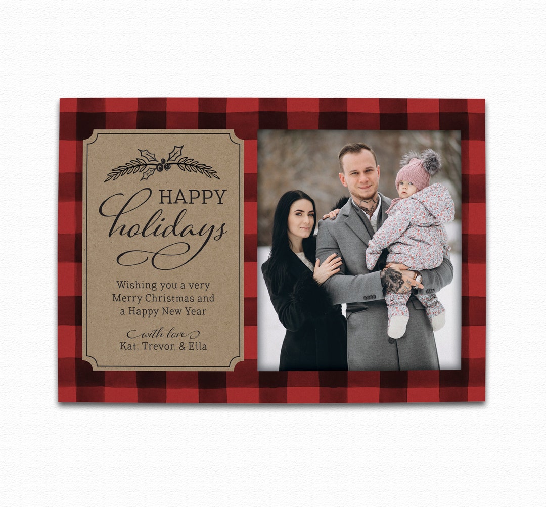 Happy Holidays Buffalo Check and Kraft Photo Greeting Card - Etsy