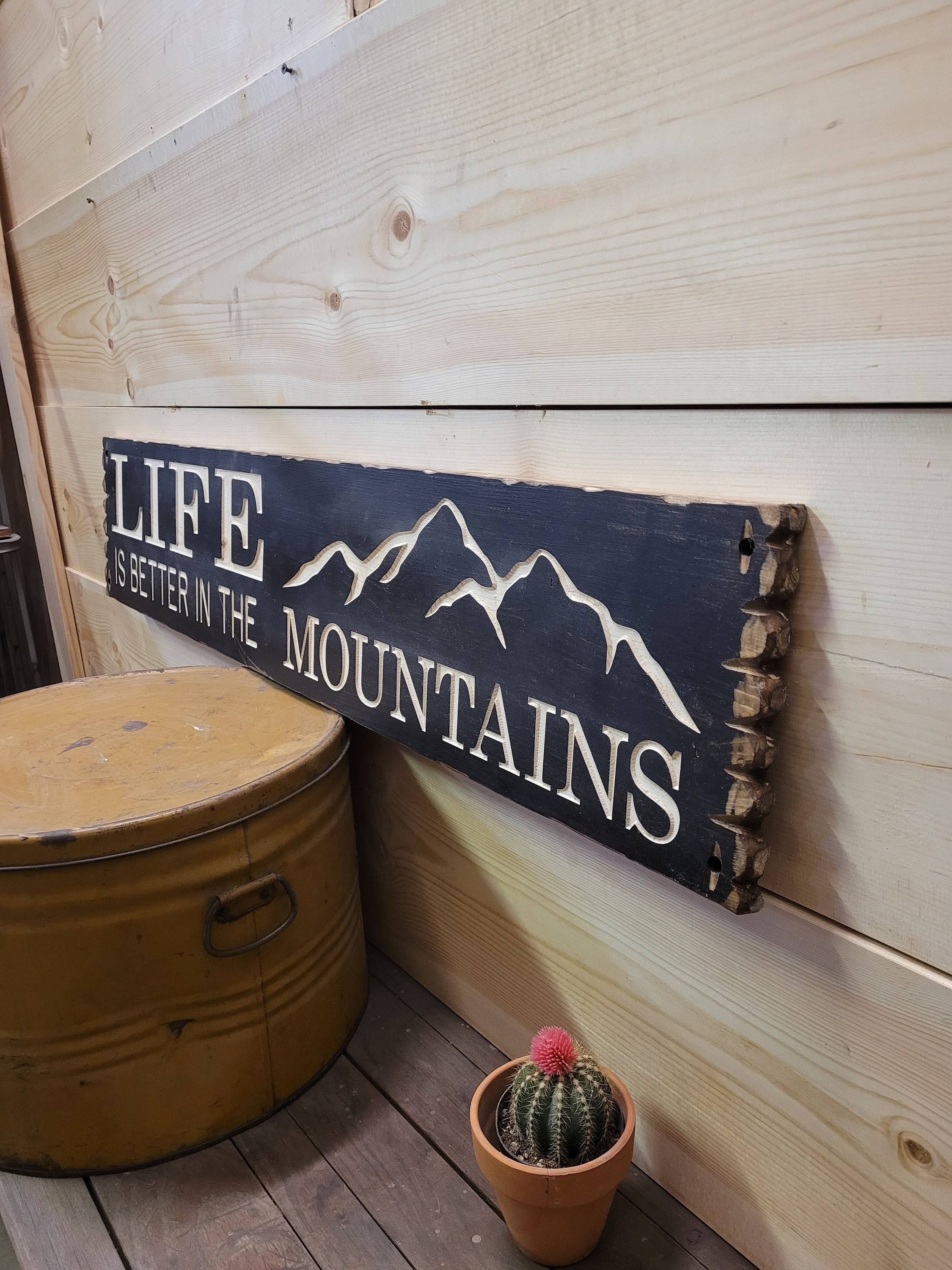 LIFE is better in the MOUNTAINS/Carved Rustic Wood sign/Skiing/Snow ...
