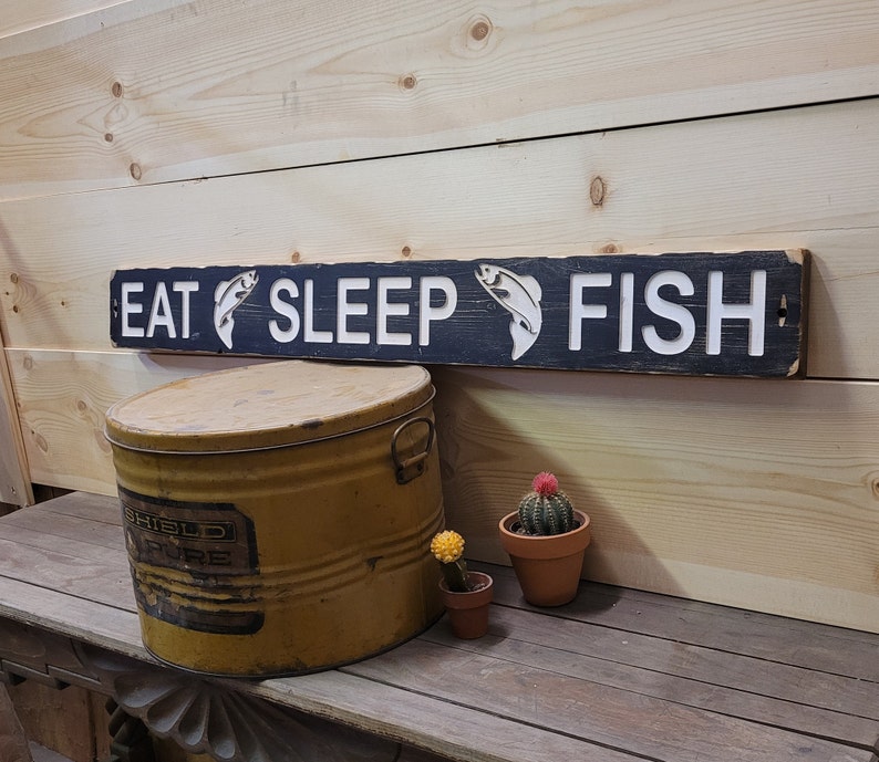 EAT SLEEP Fish/carved Rustic Wood Sign/fishing Cabin - Etsy