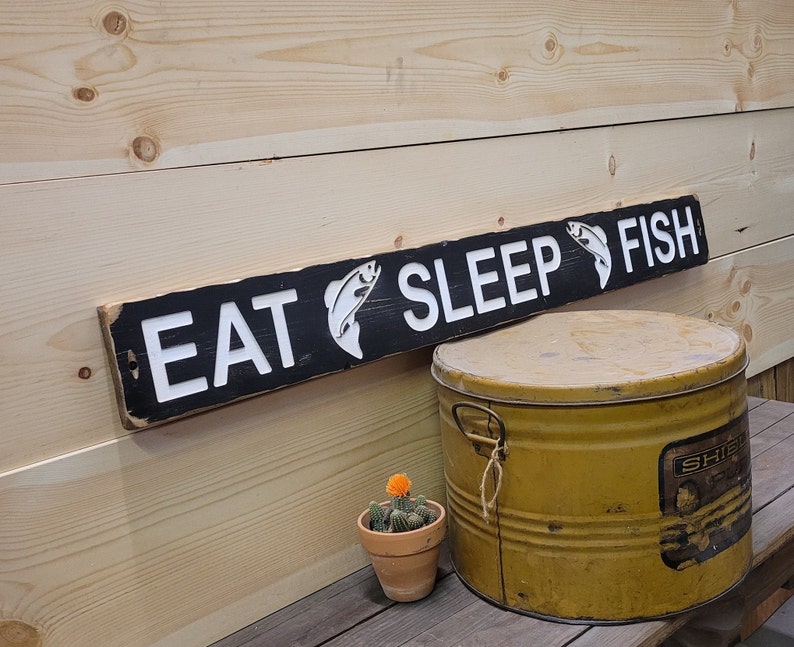 EAT SLEEP Fish/carved Rustic Wood Sign/fishing Cabin - Etsy