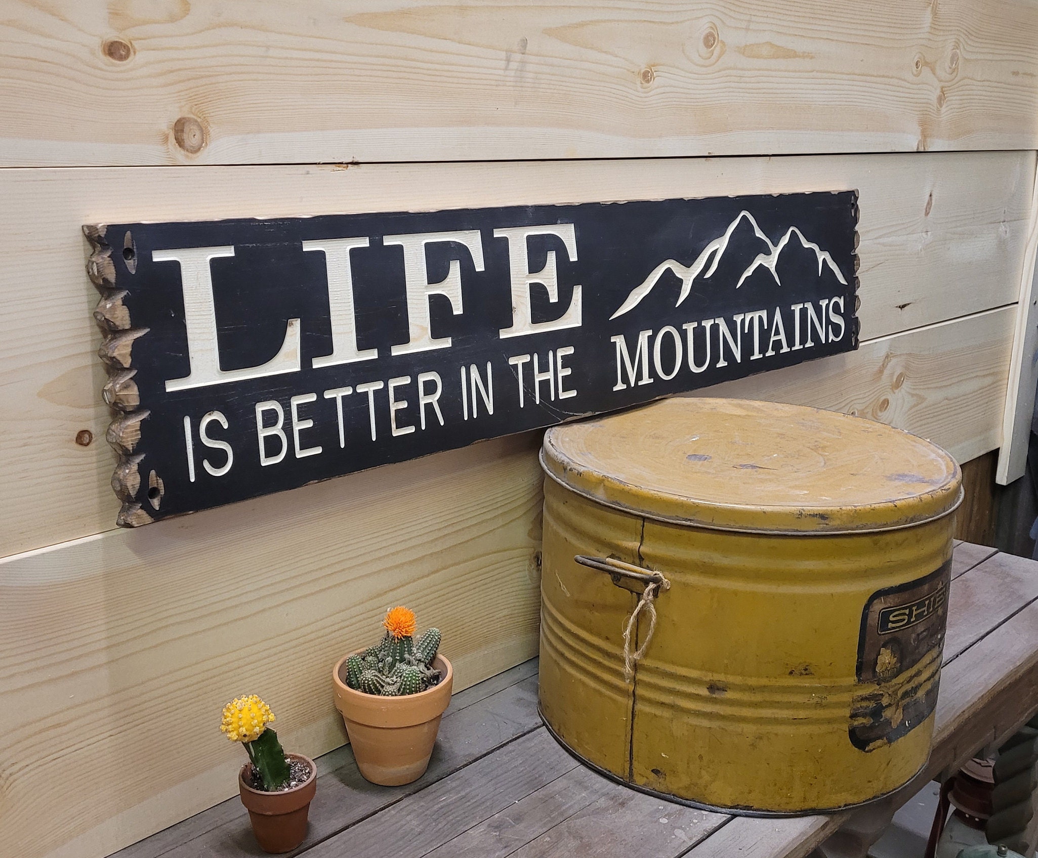LIFE is better in the MOUNTAINS/Carved Rustic Wood sign/Skiing/Snow ...