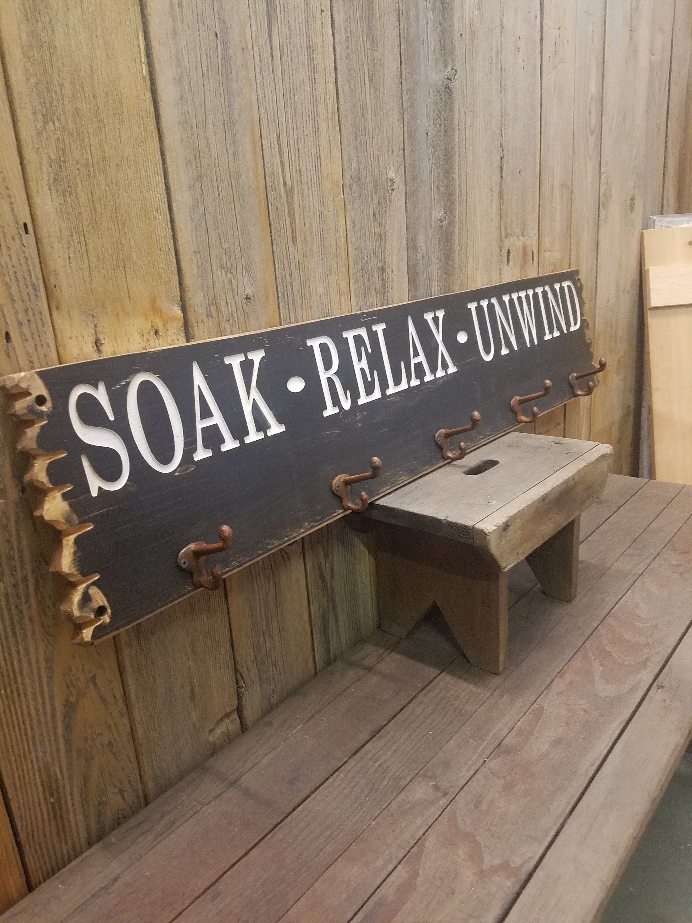 SOAK RELAX UNWIND Towel Rack, Rustic Carved Wood Sign, Hot Tub Décor ...