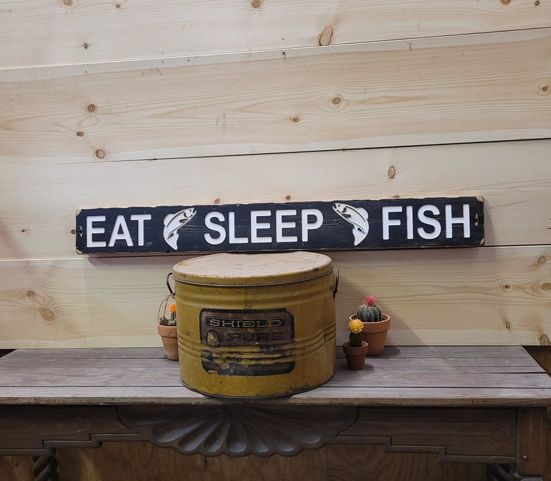 EAT SLEEP Fish/carved Rustic Wood Sign/fishing Cabin - Etsy