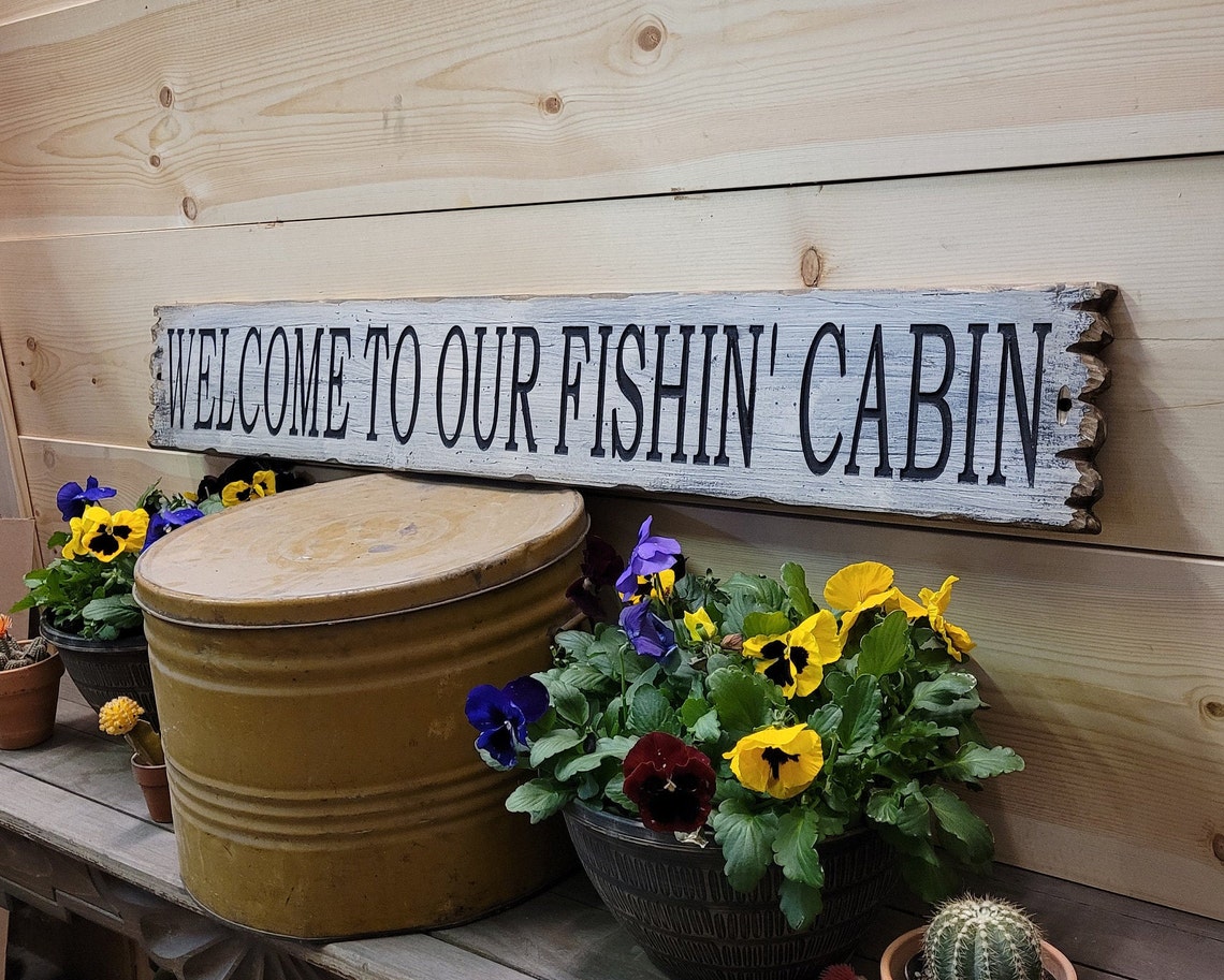 WELCOME to Our FISHIN' CABIN Rustic Wood Sign Lodge - Etsy