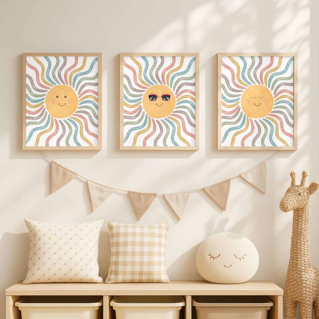 Boho Sun Playroom Poster Set, Watercolor Sun Print, Nursery Decor ...