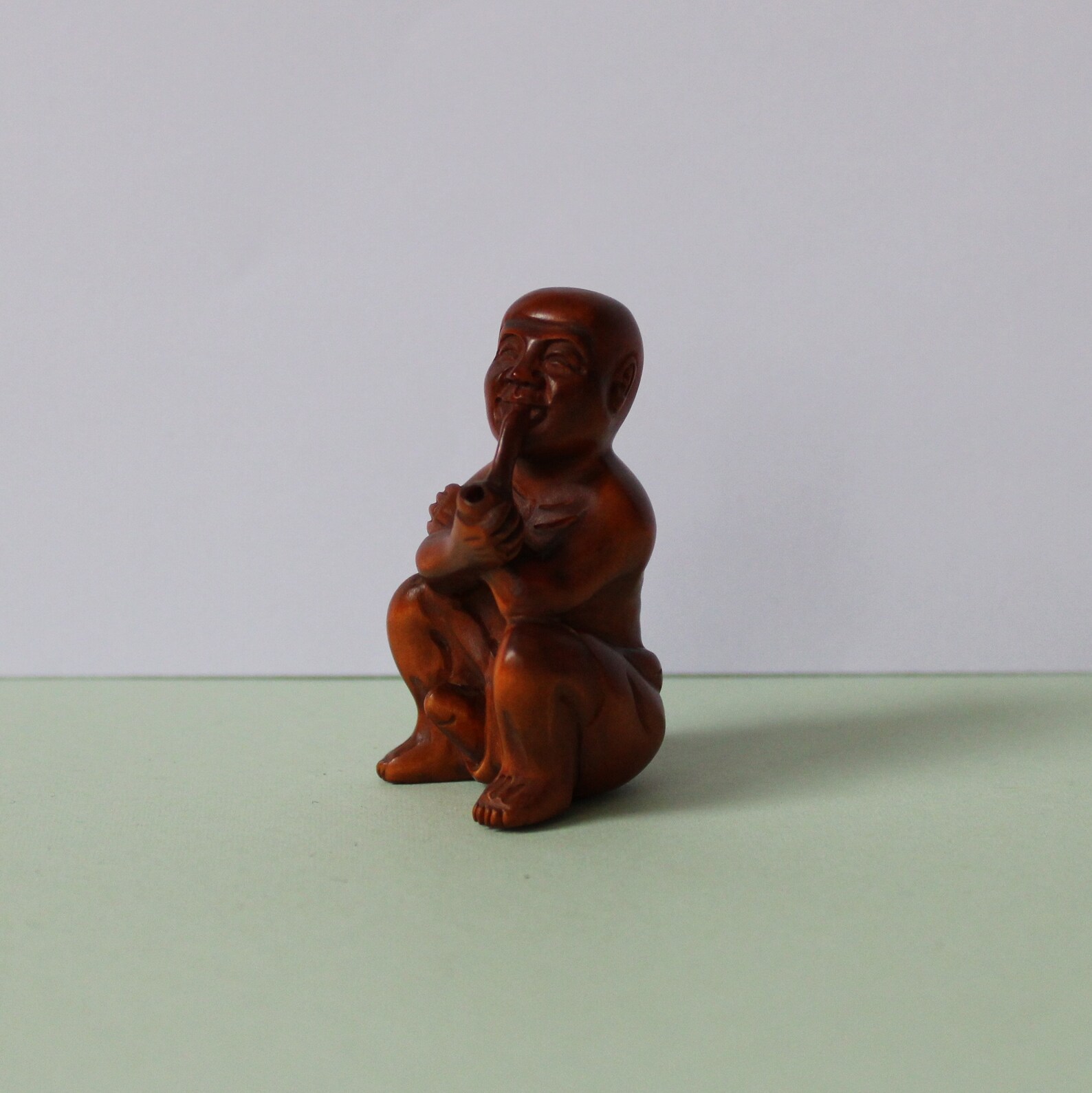 Old Man Smoking Pipe, Hand Carved Boxwood Netsuke, Naughty Man Figurine ...
