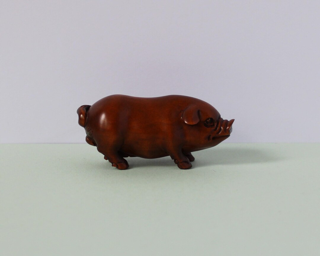 Lovely Boxwood Netsuke Showing a Male Pig, Fine Collectable Wood ...