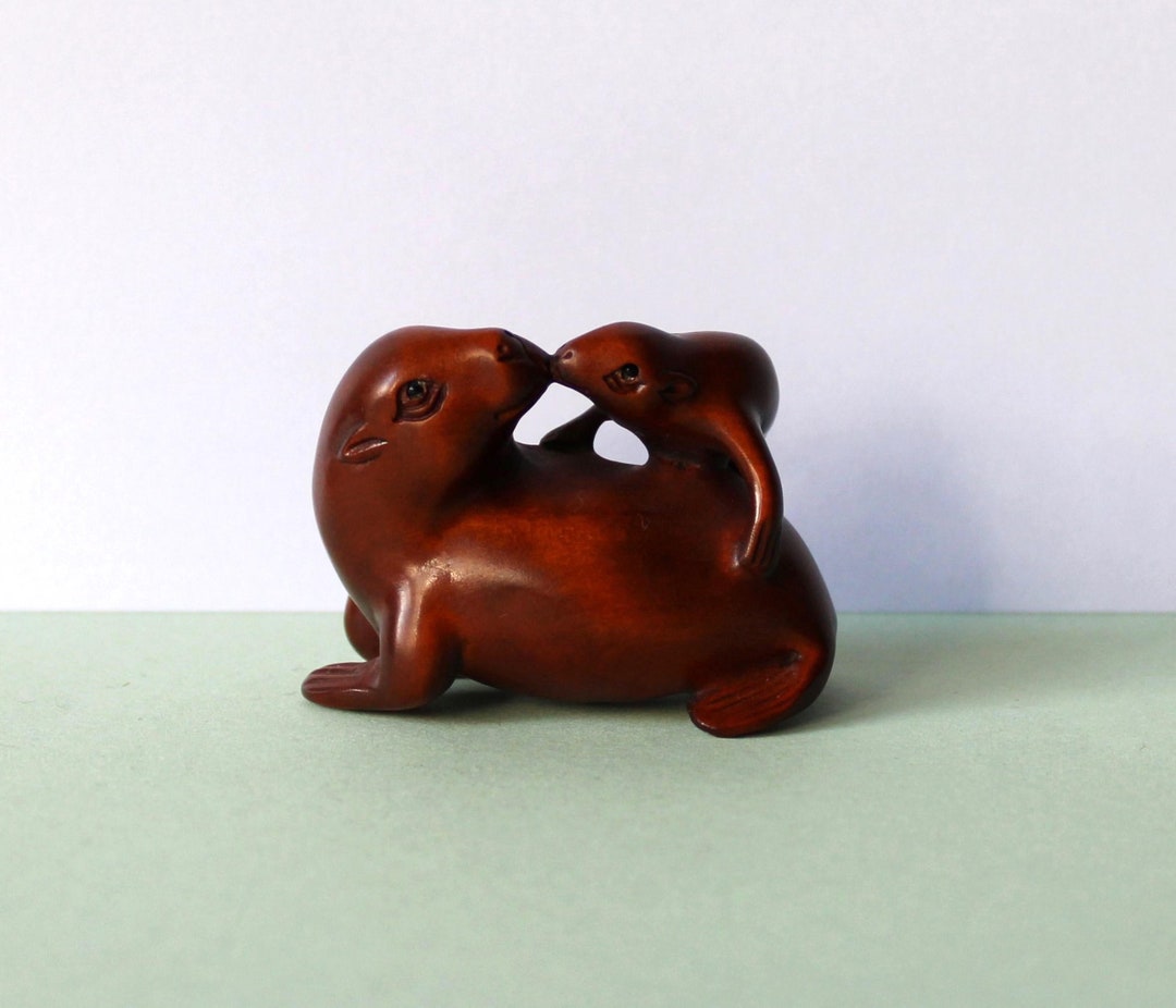 Hand Carved Boxwood Netsuke Showing a Seal With Calf, Nice Collectable ...