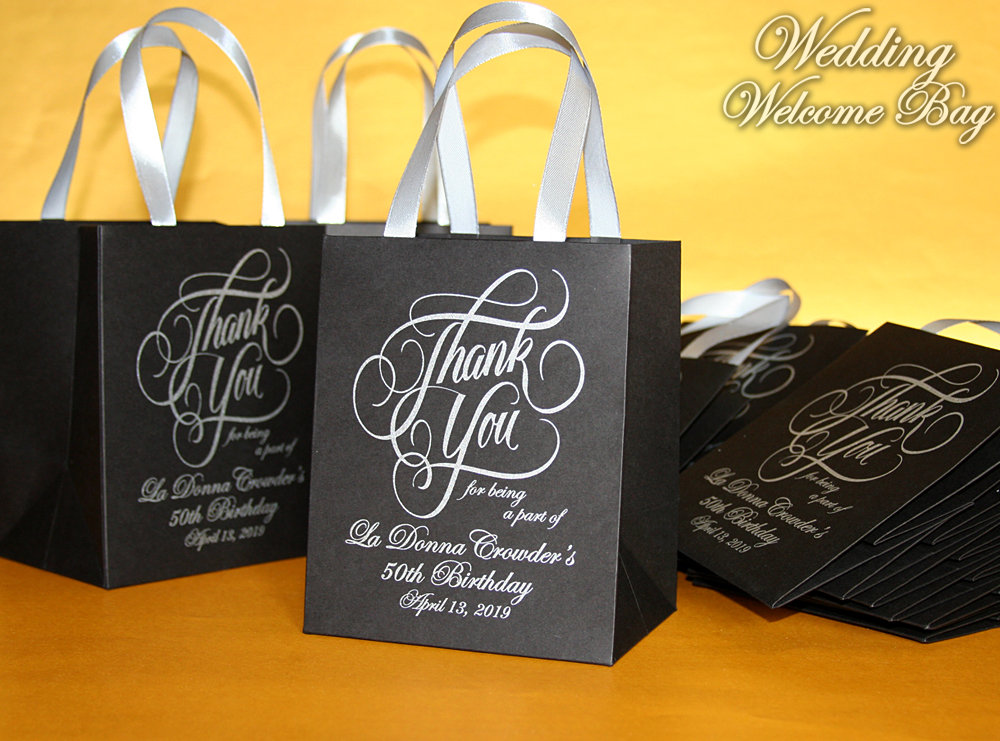 Personalized Party Favor Bags: Black & Silver Ribbon Handles - Etsy