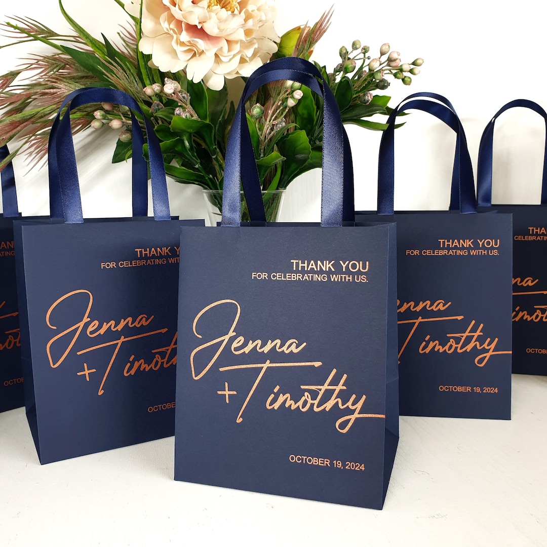25 Pcs Navy Blue Thank You Bags With Rose Gold Print, Satin Ribbon ...