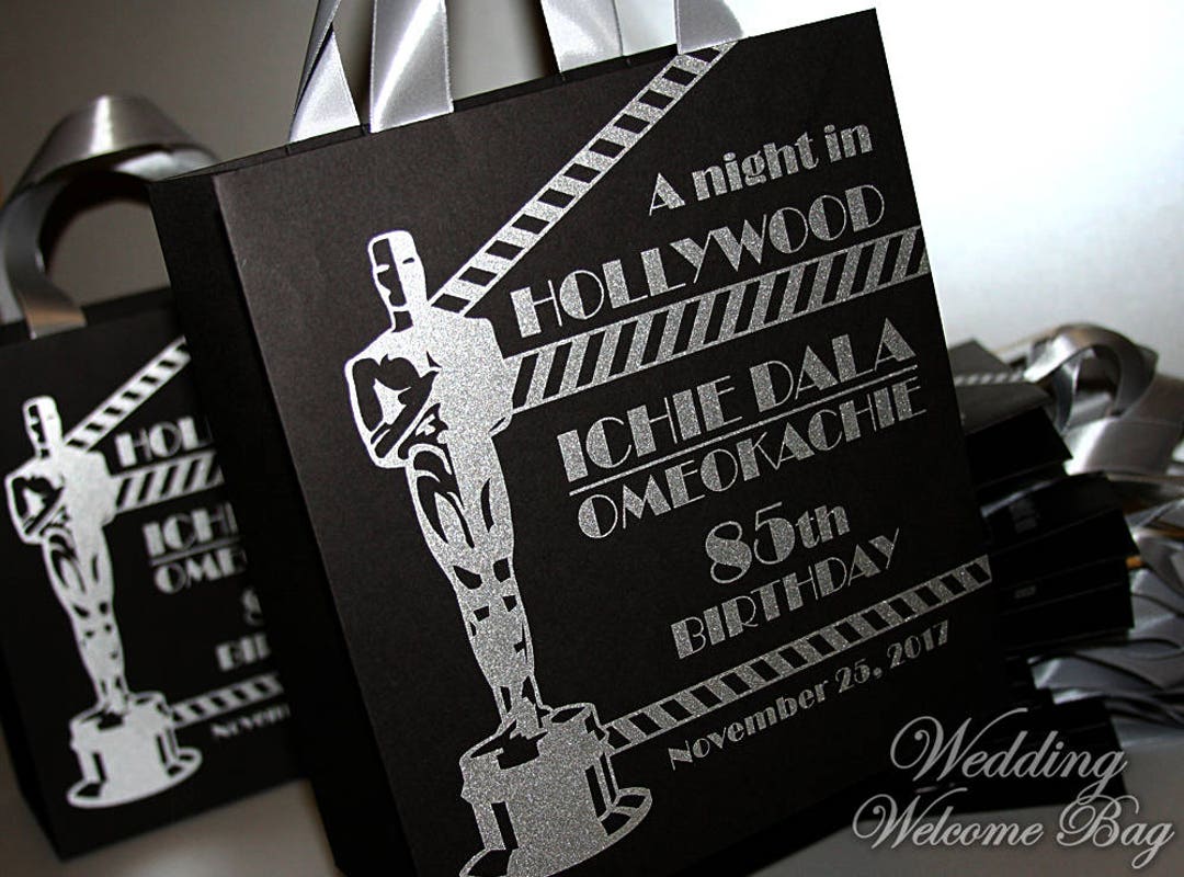 35 Hollywood Birthday Gift Bags With Oscar, Silver Ribbon and Tag ...