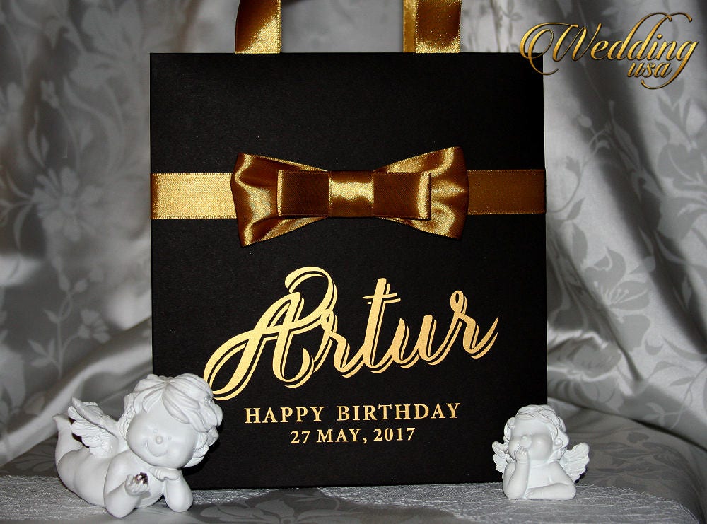 Black and Gold Gift Bags for Birthday With Bow Birthday | Etsy