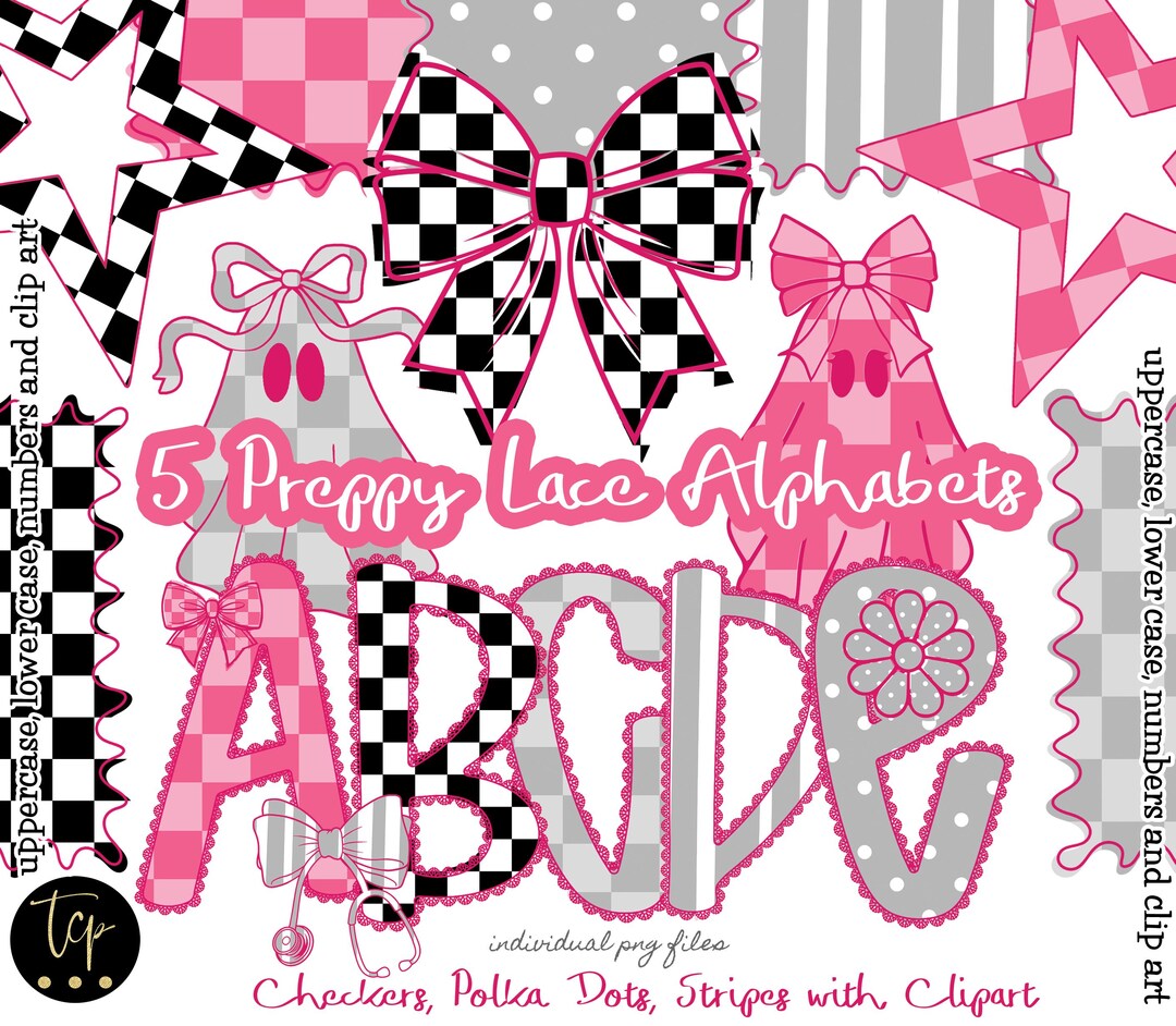 Lace Retro Alphabet PNG Bundle: Hot Pink, Grey, and Black, Checkered ...