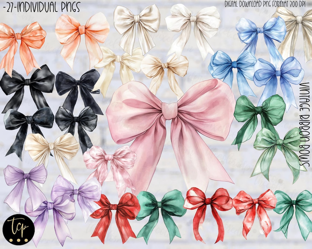 Ribbon Bows Clipart, Vintage Watercolor Christmas Wedding Ribbon Coquette Pngs Clip Art Graphics ...