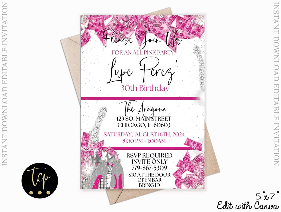 Birthday Invitation, Quinceañera, Black Hot Pink Money Invite, Buchona ...