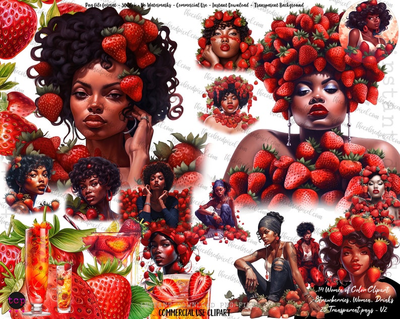 Black Woman Strawberry Clipart: Melanin PNG Sticker (digital Download ...