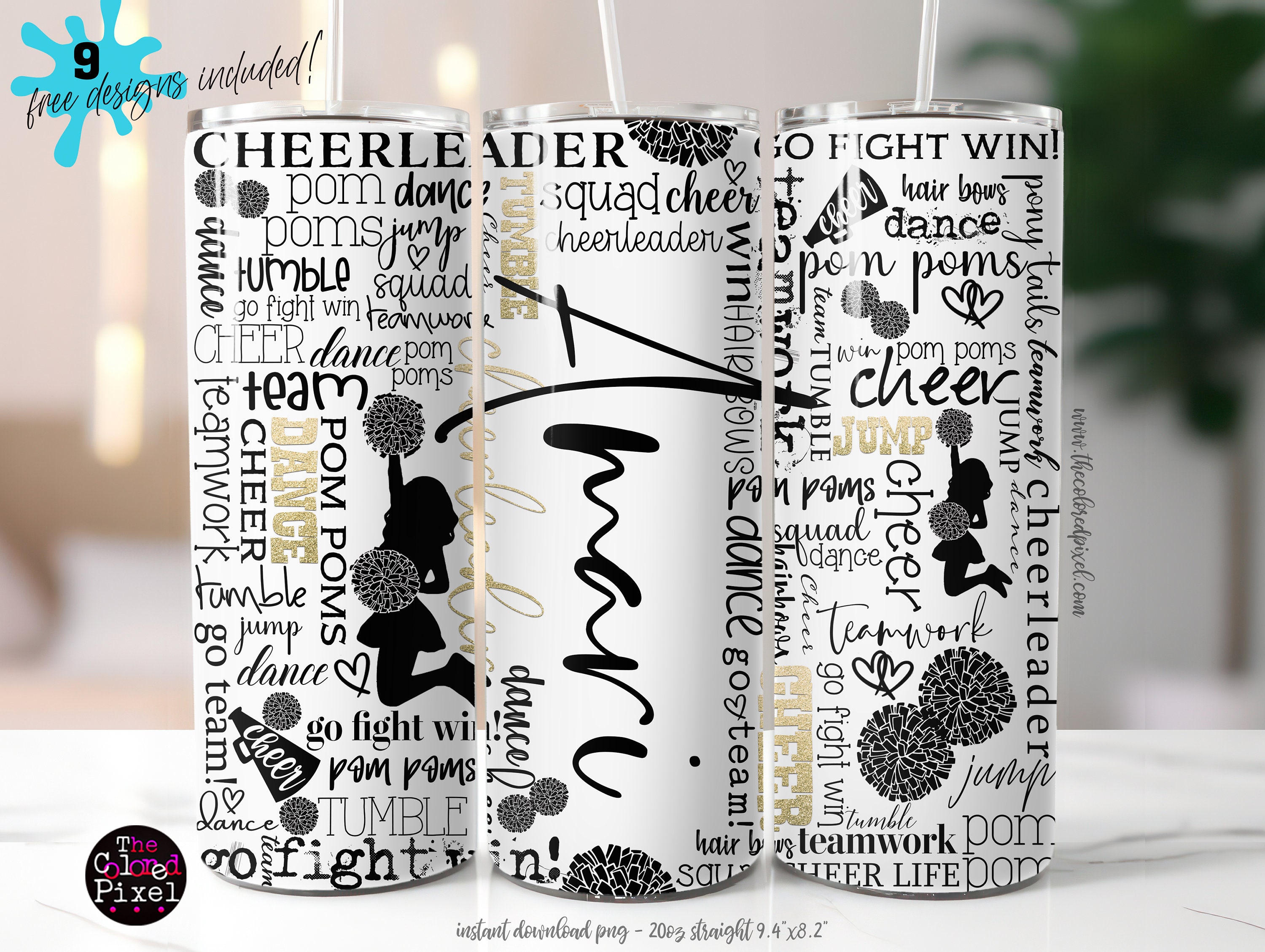 Cheerleading Tumbler Design: Gold Glitter, Cheer Words (digital ...