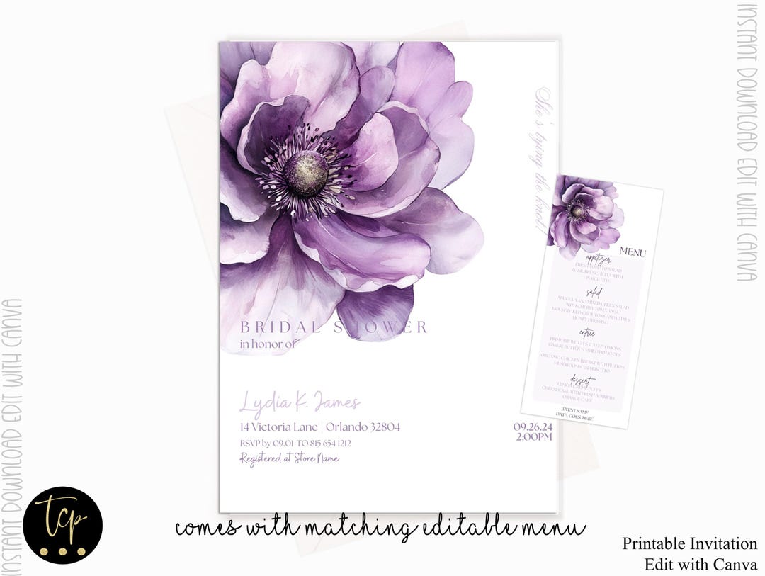 Lavender Flower Printable Invitation, Bridal Baby Shower, Birthday, Any ...