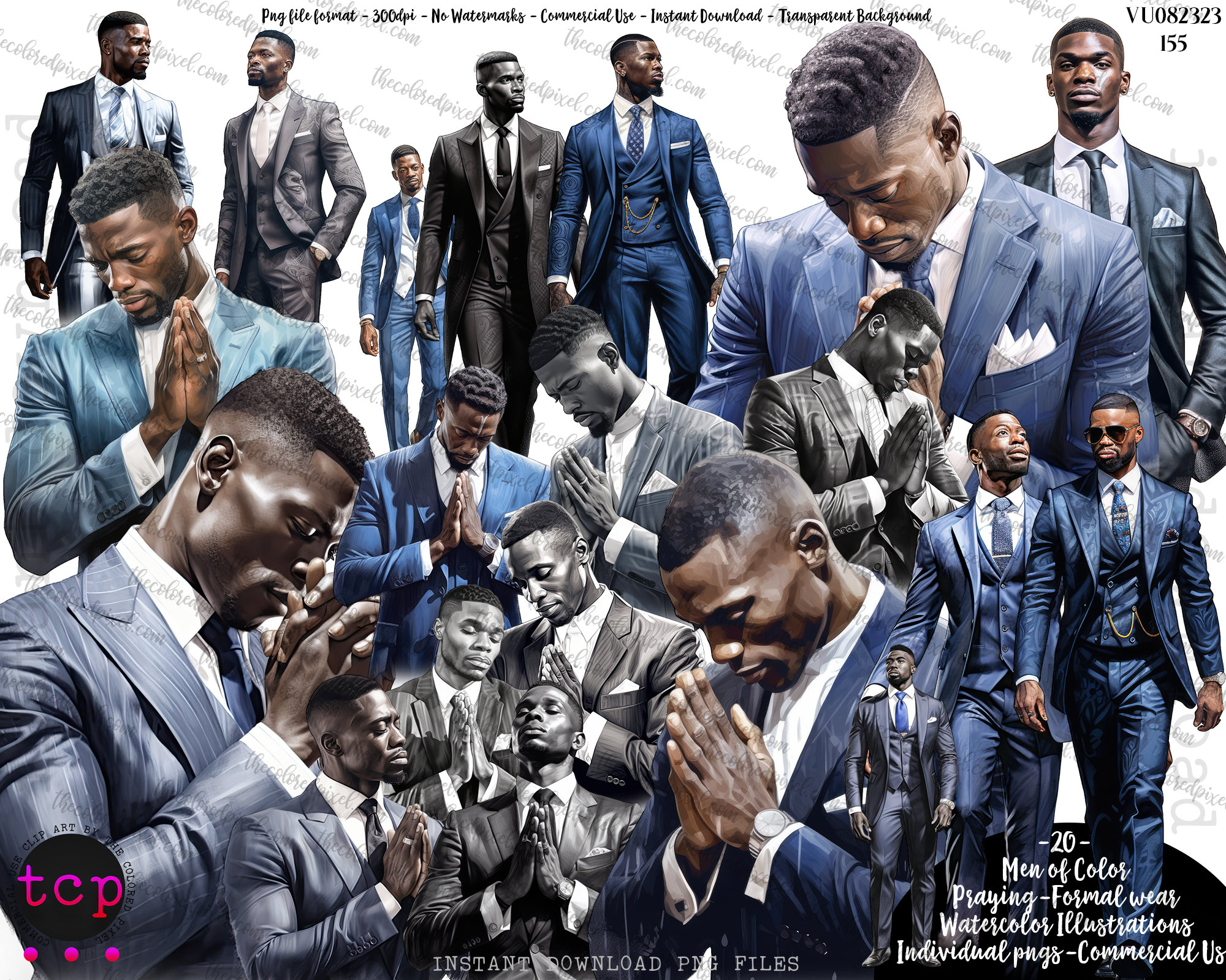 Praying Men Clipart: Black Men PNG, Church Illustrations (digital ...